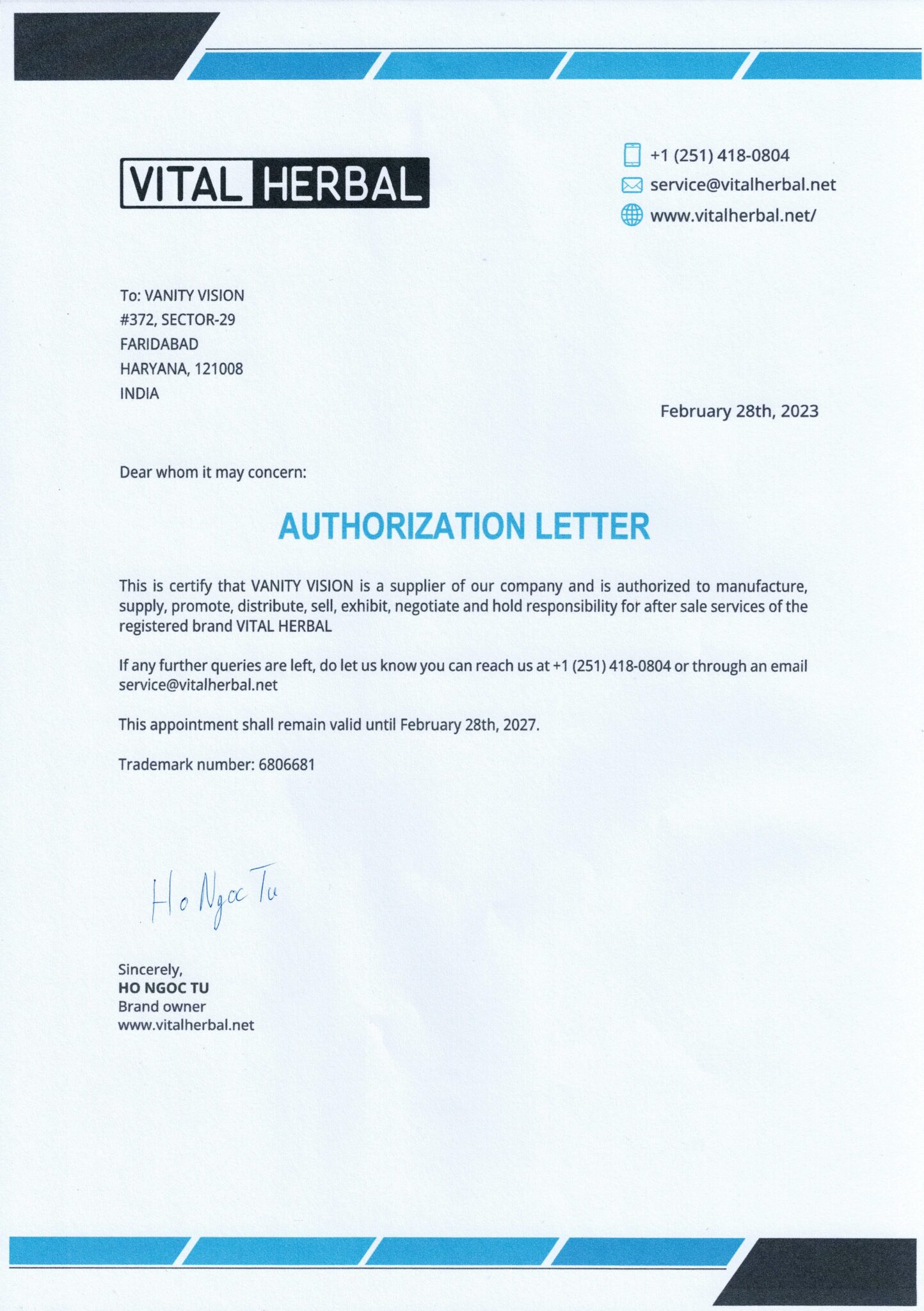 Authorization letter – VANITY VISION – Vital Herbal